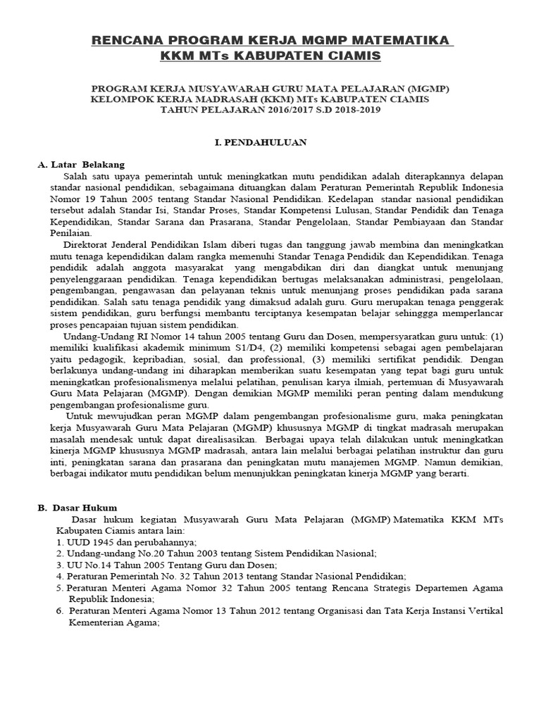 PROGRAM KERJA MGMP KKM MTs CIAMIS | PDF