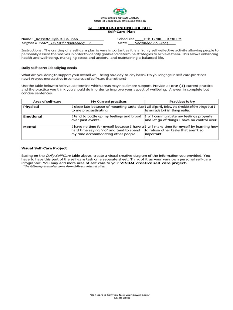 UTS Self Care Plan | PDF | Well Being | Emotions