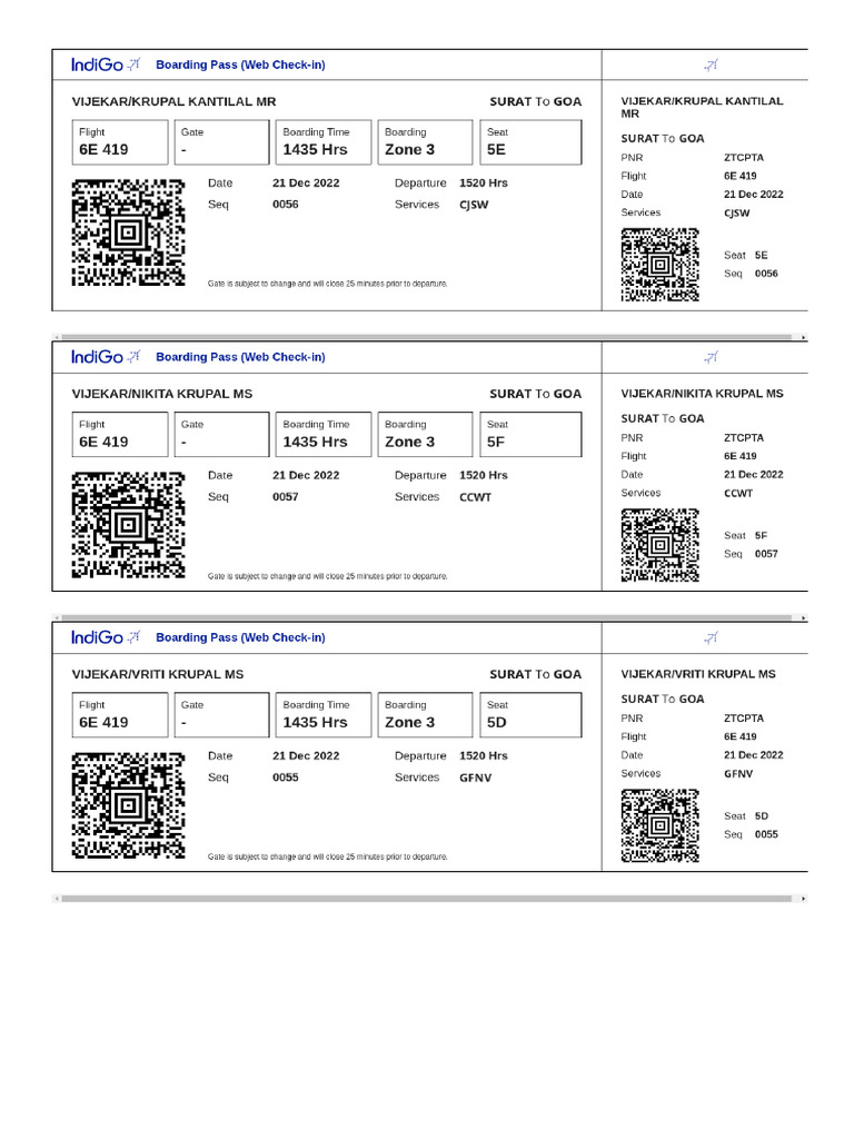Surat To Goa Boarding Pass | PDF