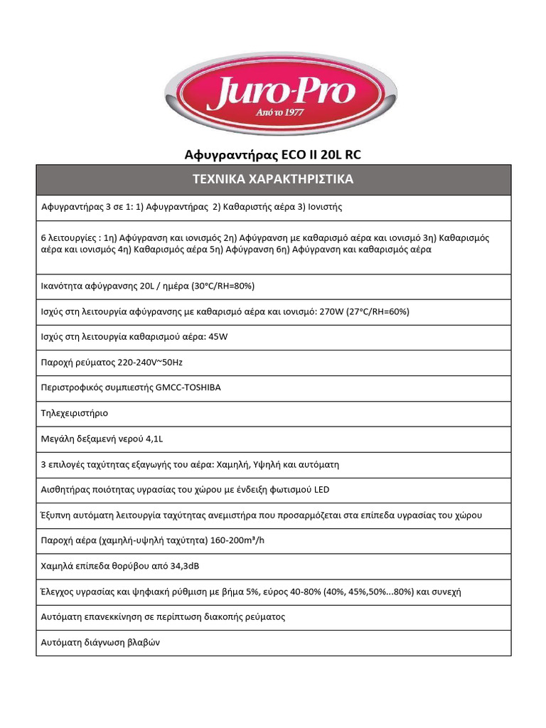 Τεχνικά Χαρακτηριστικά Juro-Pro ECO II 20L RC | PDF
