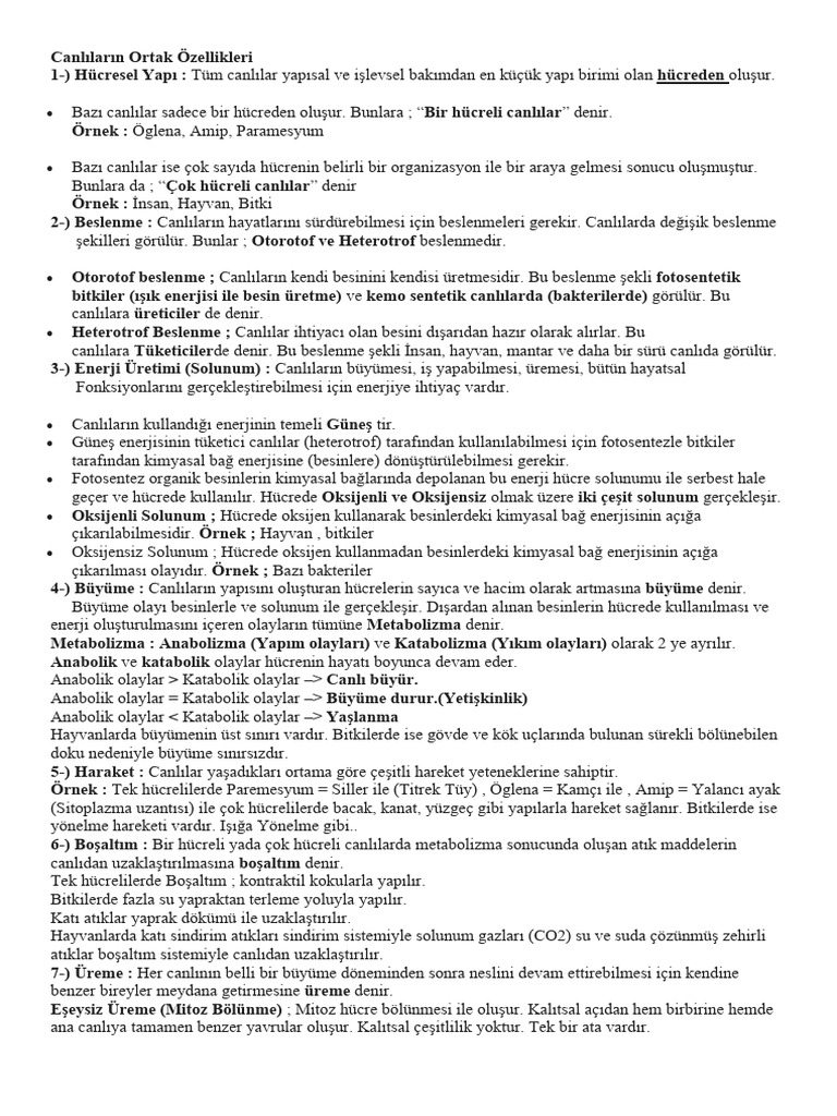 Canlıların Ortak Özellikleri | PDF