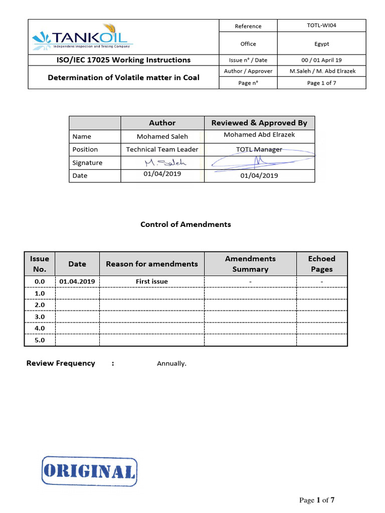 (TOTL-WI-04) Determination of Volatile Matter in Coal | Download Free ...