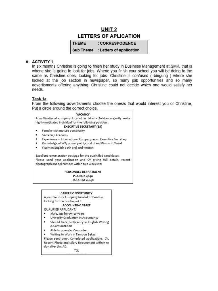 Unit 1 Application Letter | PDF | Verb | Subject (Grammar)