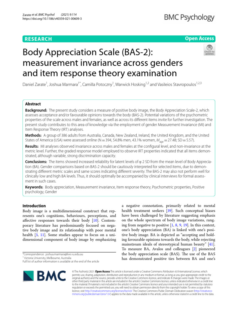 Body Appreciation Scale (BAS-2) : Measurement Invariance Across Genders ...