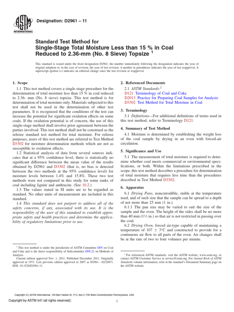 D2961-11 Standard Test Method For Single-Stage Total Moisture Less Than ...