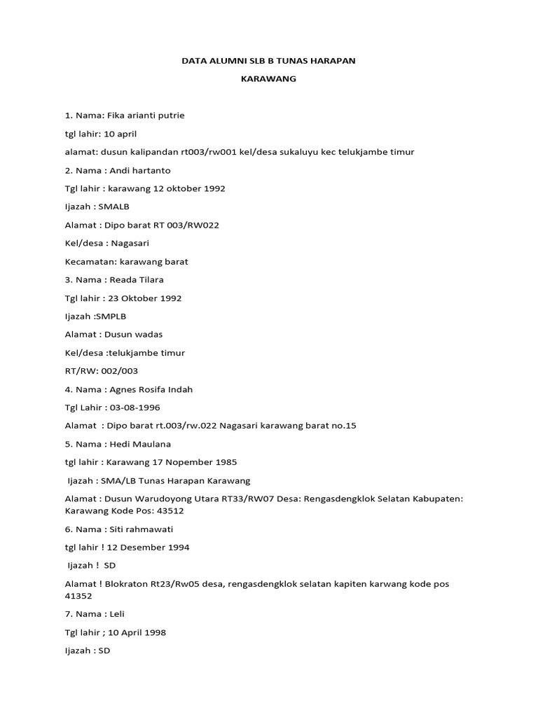 Data Alumni SLB B Tunas Harapan | PDF