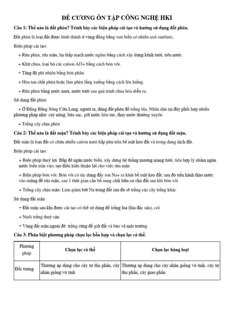 ĐỀ CƯƠNG ÔN TẬP CÔNG NGHỆ HKI | PDF