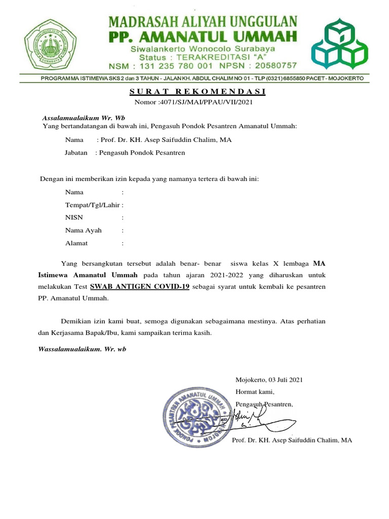 SURAT REKOMENDASI KEMBALI KE PESANTREN - Dikonversi | PDF