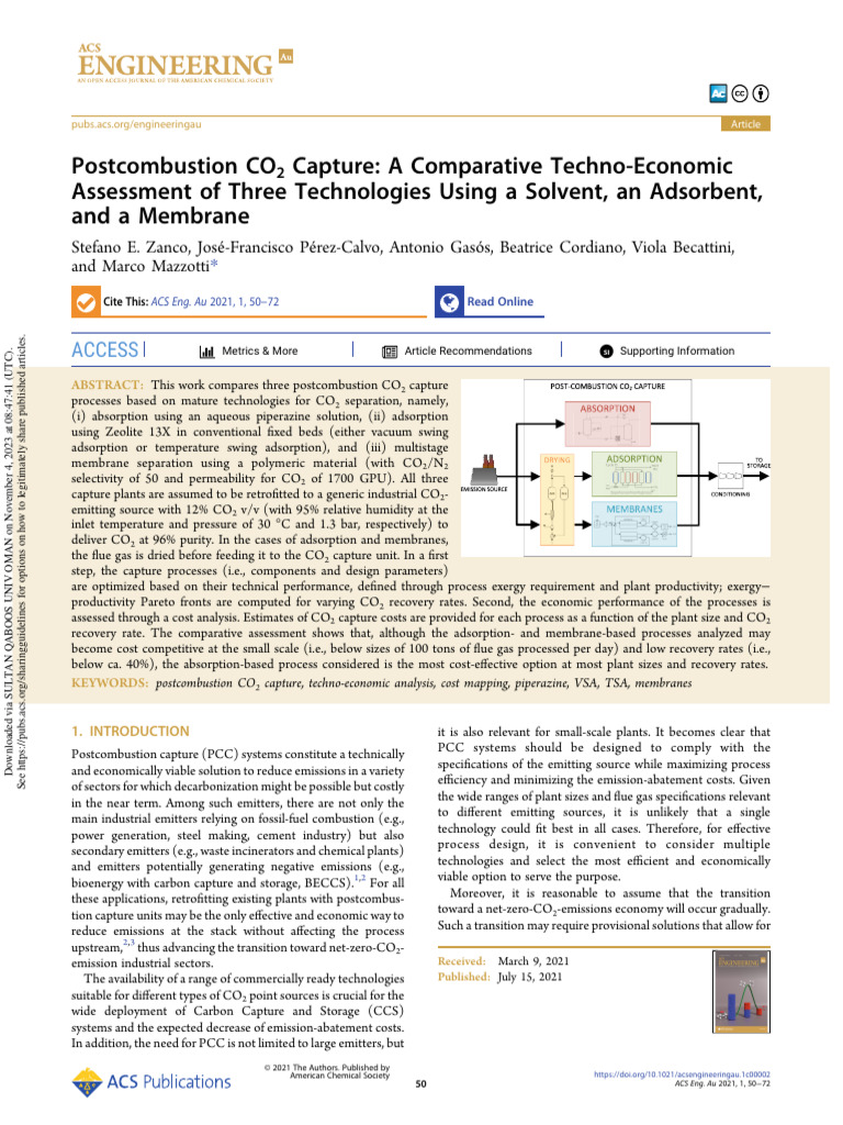 4 Zanco Et Al 2021 Postcombustion Co2 Capture A Comparative Techno Economic Assessment of Three ...