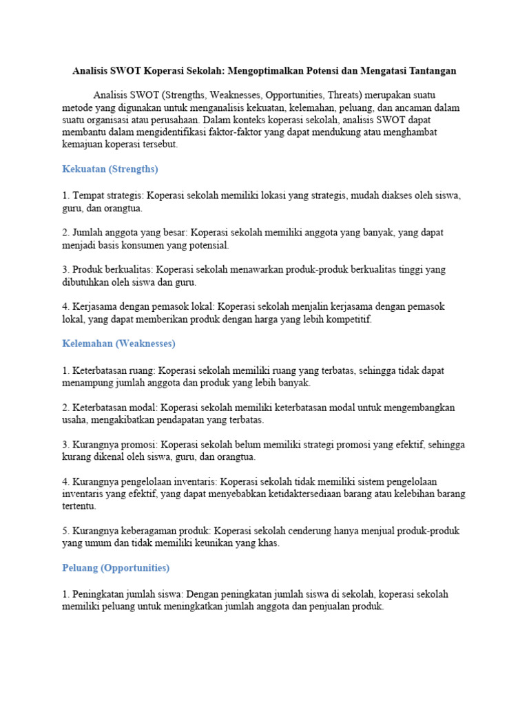 Analisis SWOT Koperasi Sekolah: Mengoptimalkan Potensi Dan Mengatasi ...
