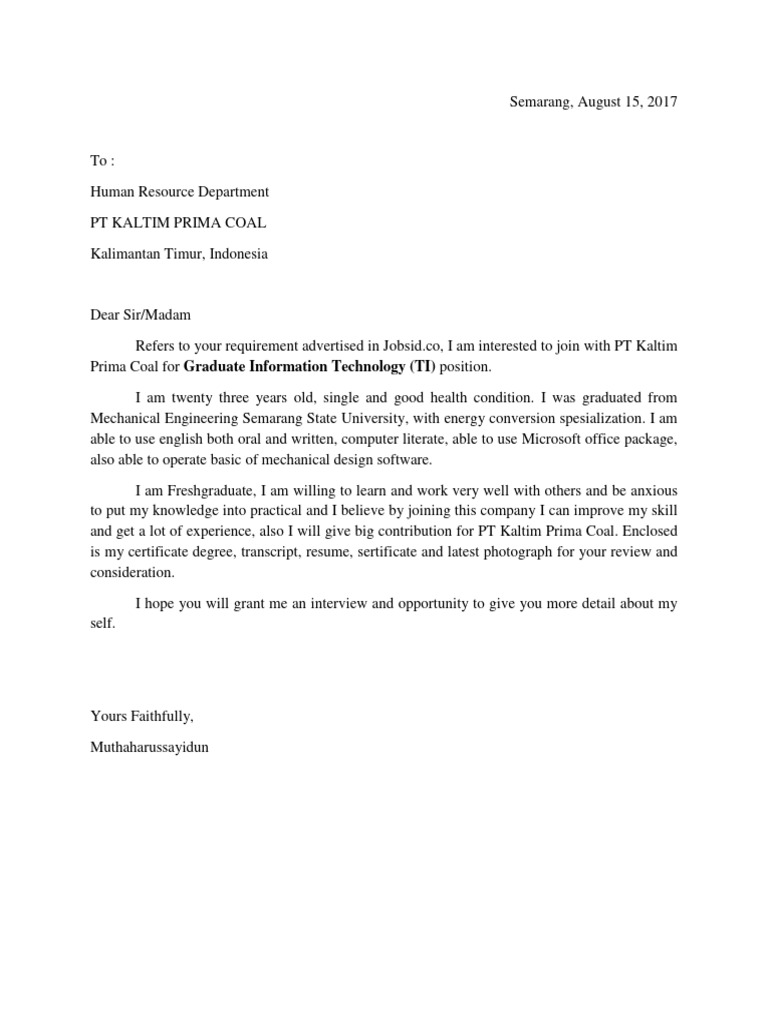 Aplication Letter PT Kaltim Prima Coal | PDF