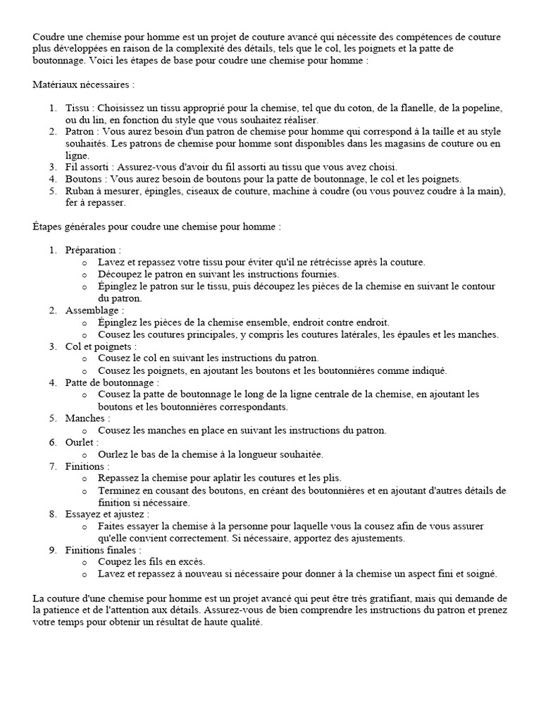 Coudre une chemise homme : guide complet | PDF | Chemise | Couture