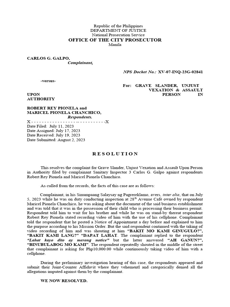 Acp Milan Galpo VS Pionela Slander, Unjust Vexation Assault | PDF ...