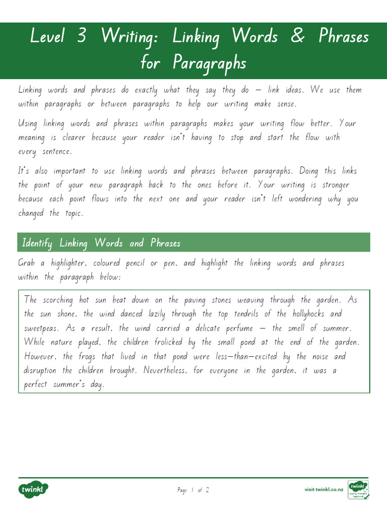 Level 3 Writing - Linking Words _ Phrases for Paragraphs | PDF | Phrase ...