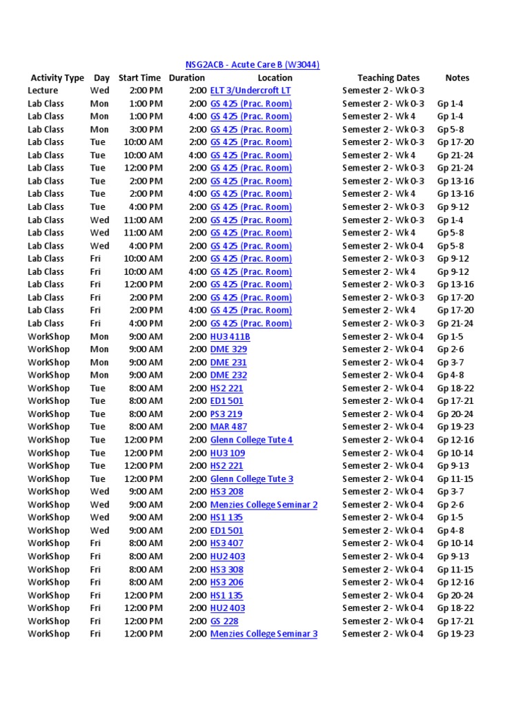 Nursing Timetable Semester 2 | PDF