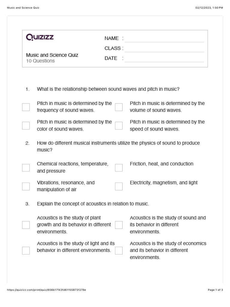 Music and Science Quiz Overview | PDF | Acoustics | Sound