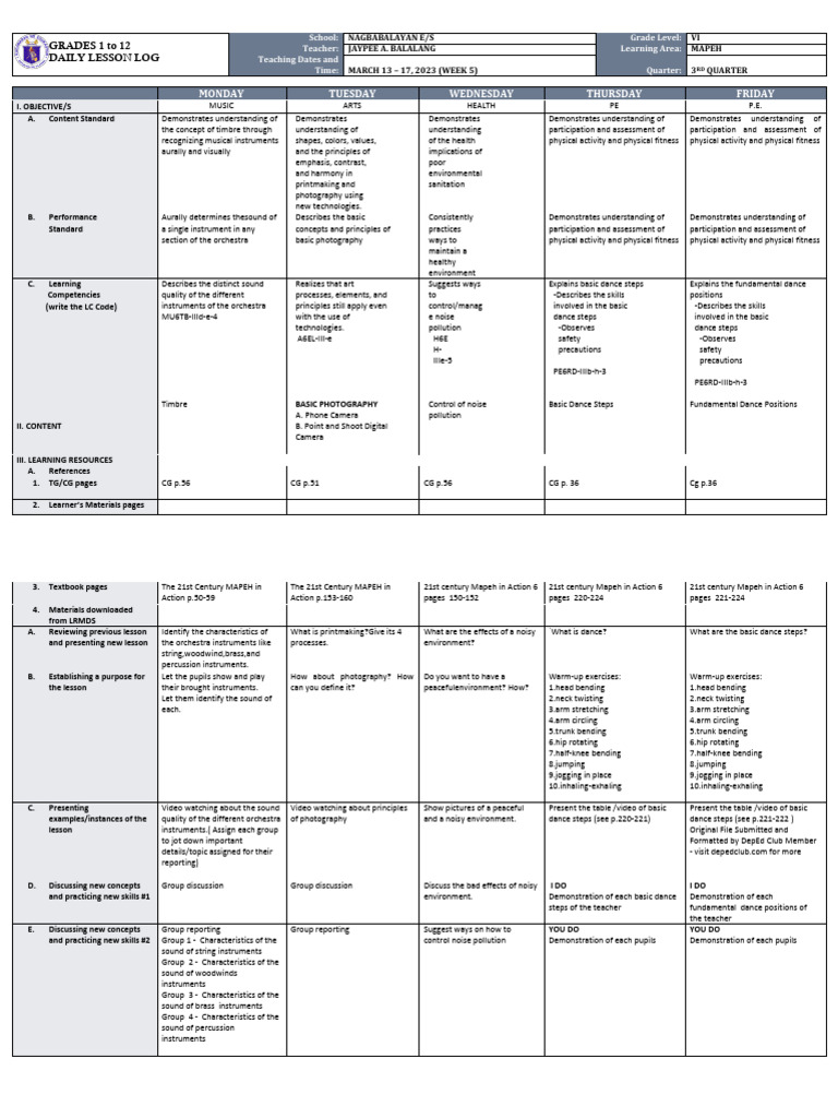 DLL - Mapeh 6 - Q3 - W5 | PDF | Physical Education