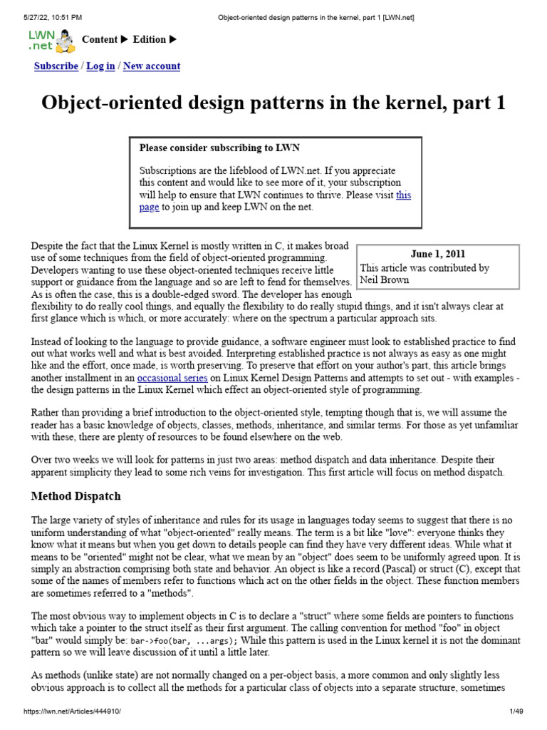 Object Oriented Design Patterns In The Kernel Part 1 Lwn Net Pdf Pointer Computer 4637