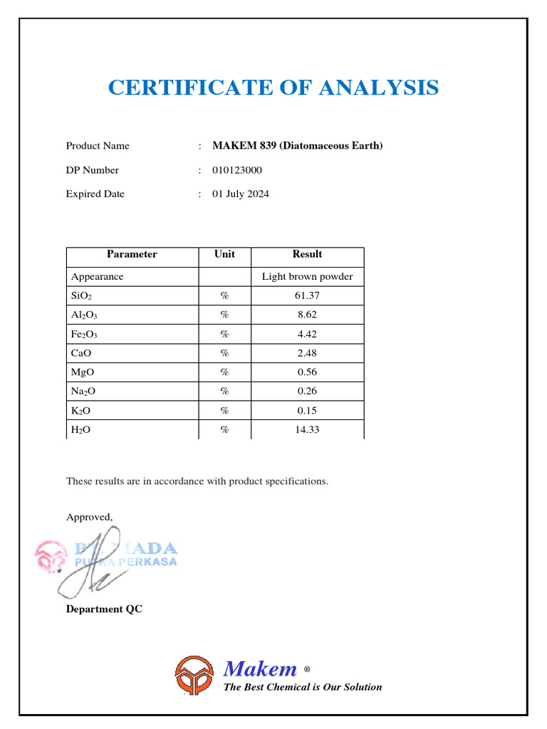 Certificate of Analysis MAKEM 839 (Diatomaceous Earth) | PDF