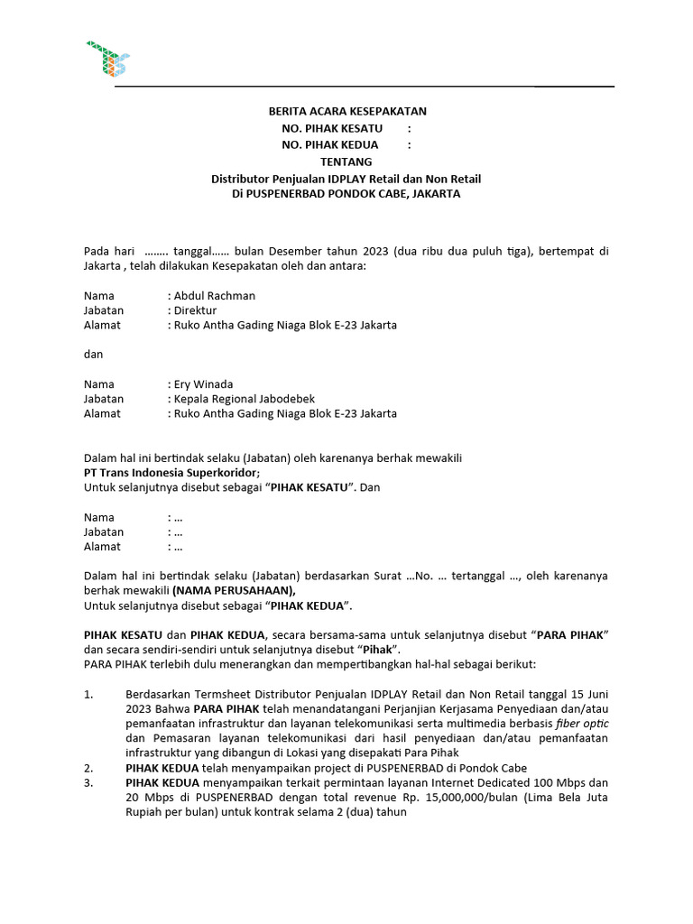 Berita Acara Kesepakatan TIS-TJS Di Puspenerbad Pondok Cabe | PDF