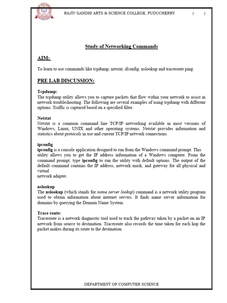 Study of Networking Commands Aim:: Tcpdump | PDF | Multicast | Duplex (Telecommunications)