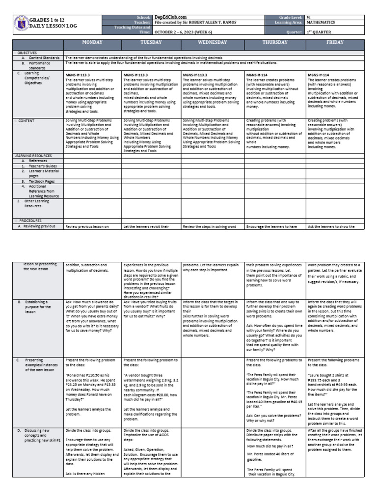 DLL Mathematics 6 q1 w6 | PDF | Learning | Multiplication