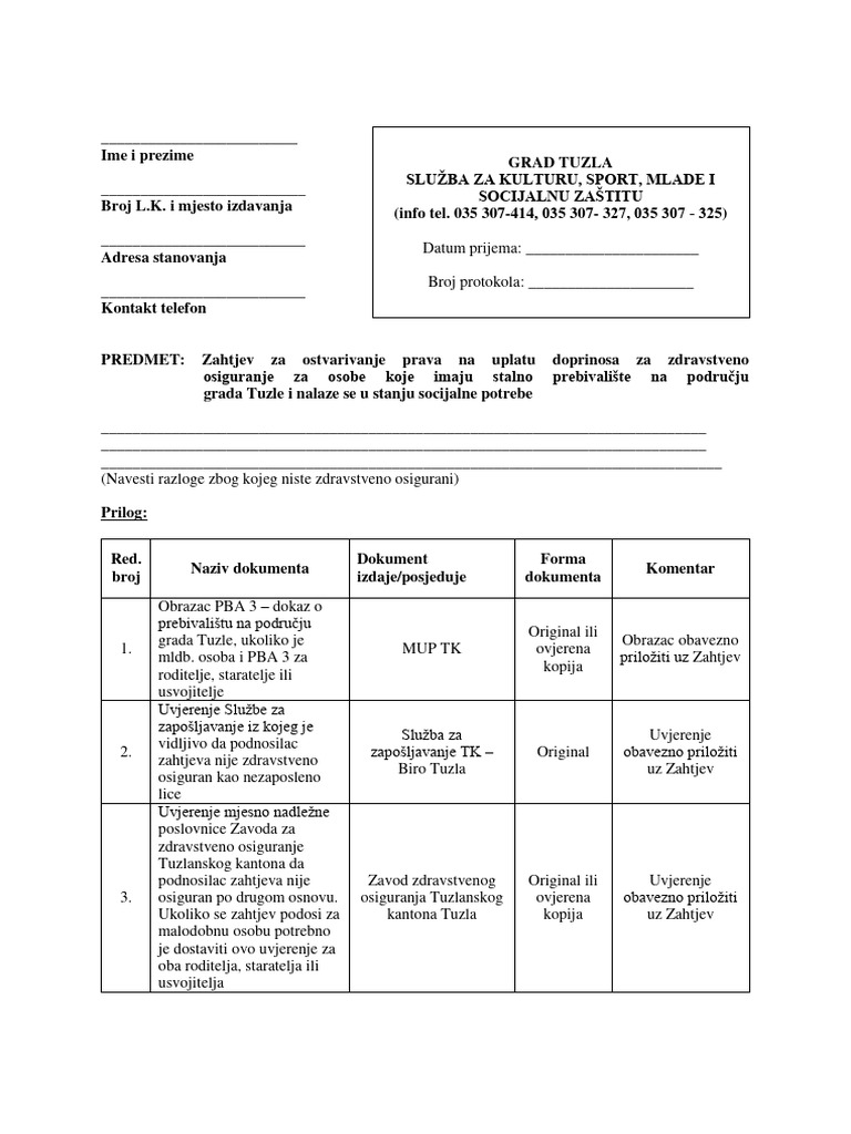 OBRAZAC Za Ostvarivanje Prava Na Uplatu Doprinosa Za Zdravstveno ...