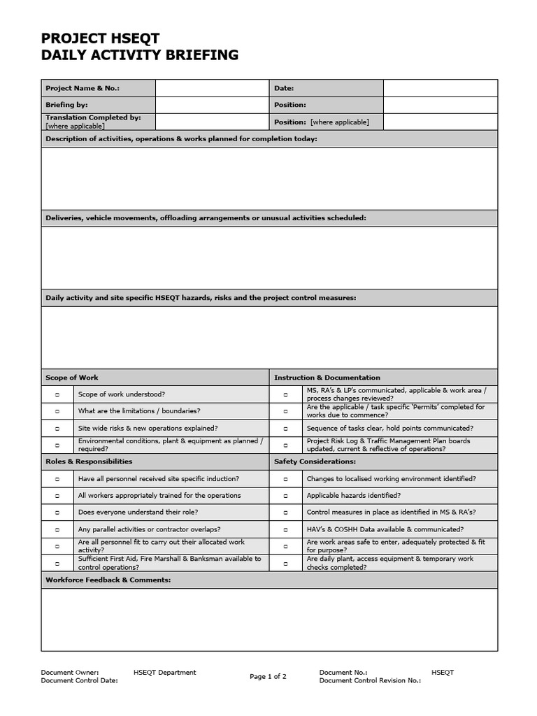 Daily Activity Briefing | PDF | Risk | Safety