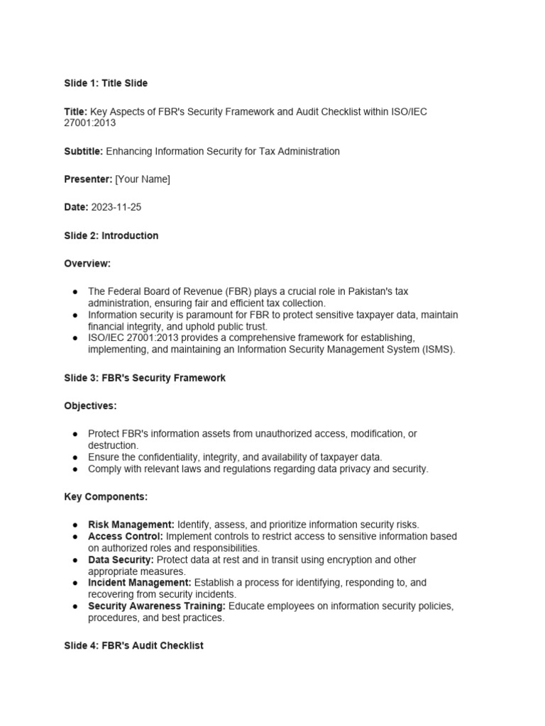 Create PPT Content For Key Aspects of FBR's Security Framework and ...