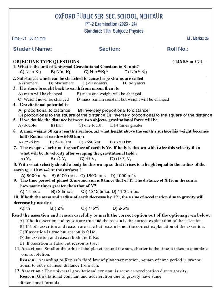 Physics Exam for 11th Grade Students | PDF | Orbit | Gravity