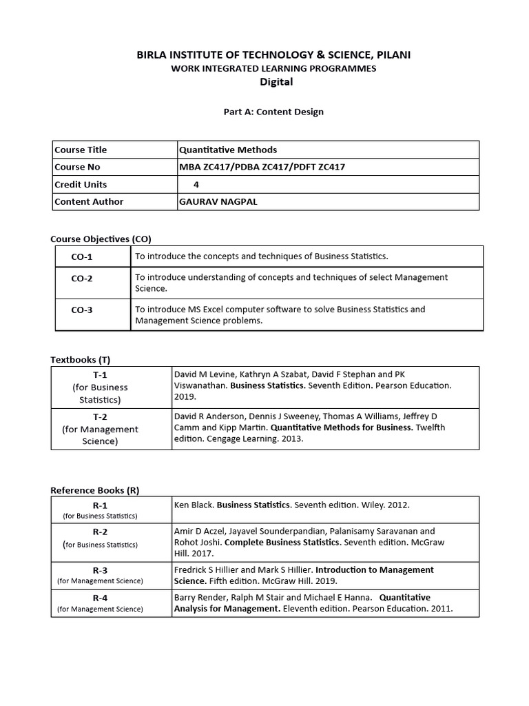 MBA ZC417 Quantitative Methods COURSE HANDOUT | PDF | Probability ...