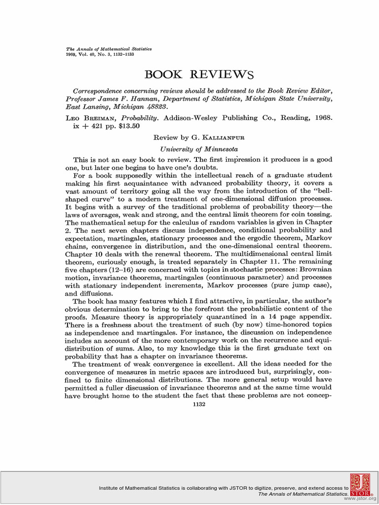 Review of Probability by Leo Breiman - G. Kallianpur | PDF