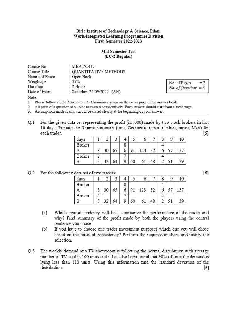 MBA Quantitative Methods Exam 2022 | PDF | Probability Distribution | Probability
