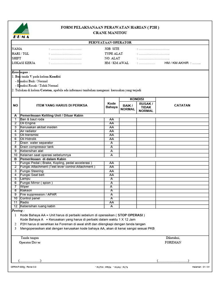 Form P2H Perawatan Crane Manitou | PDF