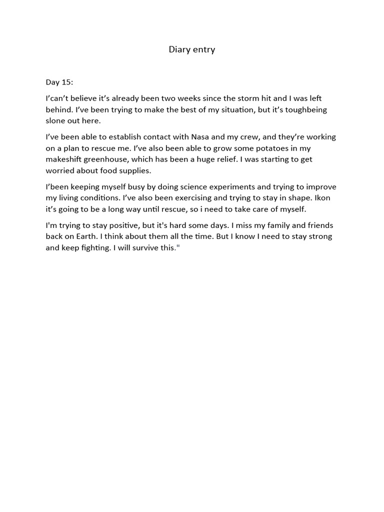 Surviving Isolation: Day 15 Diary Entry | PDF