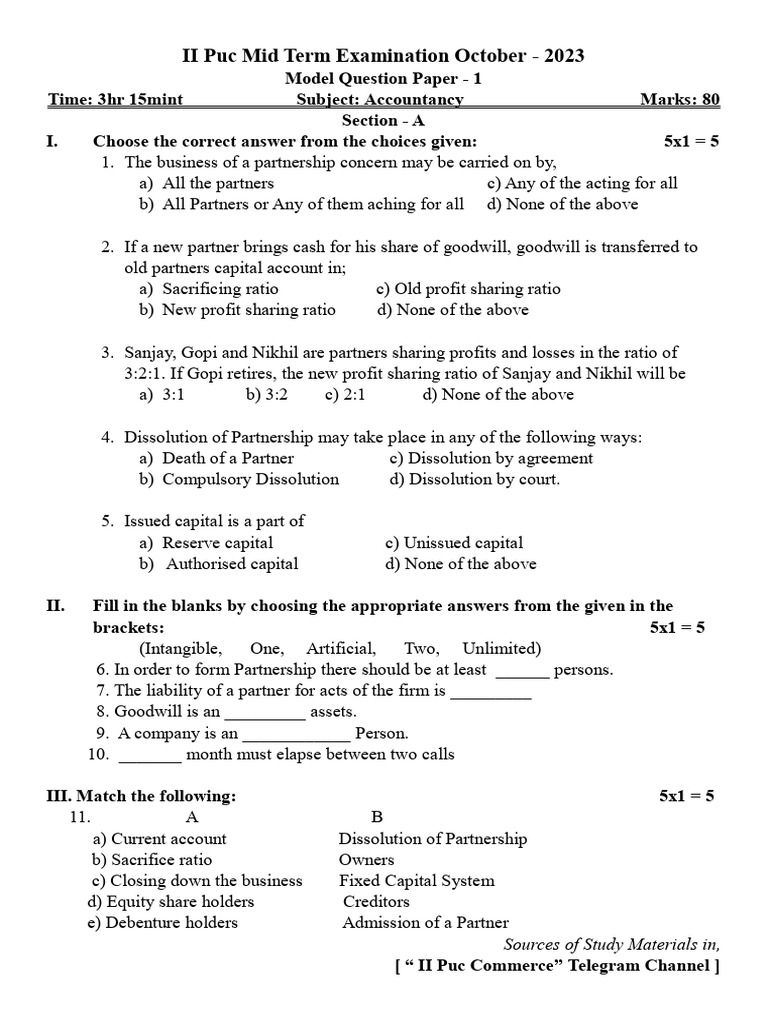 II PUC Accountancy Mid Term Exam 2023 | PDF | Balance Sheet | Book Value