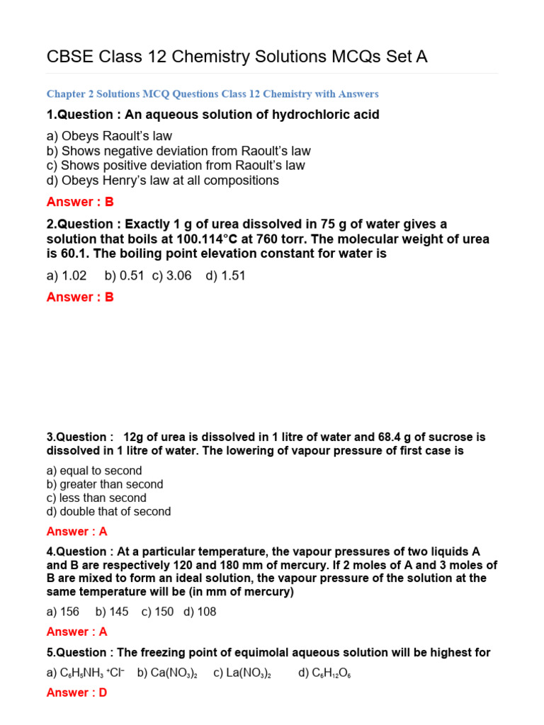 Chapter 2 Solution MCQs | PDF | Solubility | Solvation