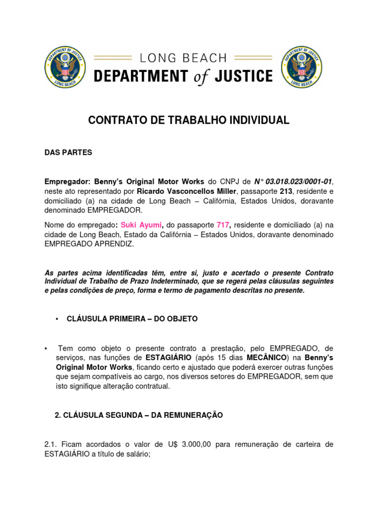 Contrato de Trabalho Individual Bennys Original Motors Work 2 | PDF | Expediente | Salário