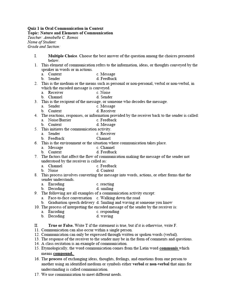 Quiz 1 On Nature and Elements of Communication | PDF | Communication ...