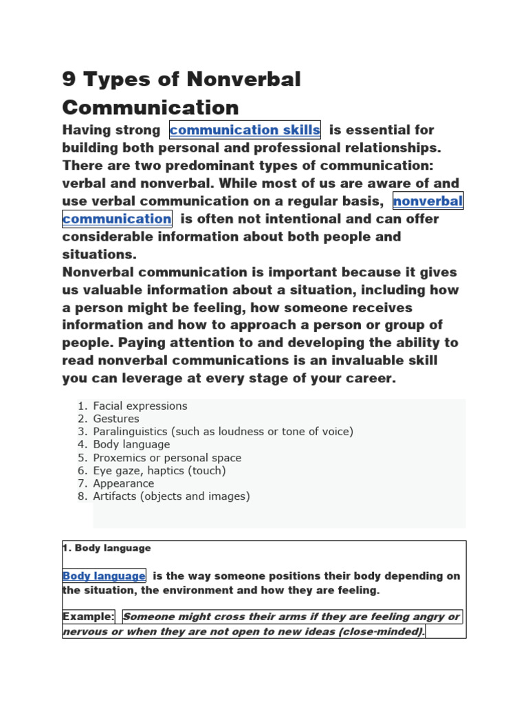 Types of Nonverbal Communication | PDF | Nonverbal Communication | Body ...