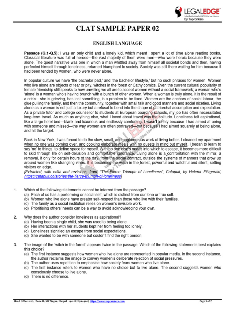 CLAT Sample Paper for Aspirants | PDF | Freedom Of Religion | Ali Khamenei