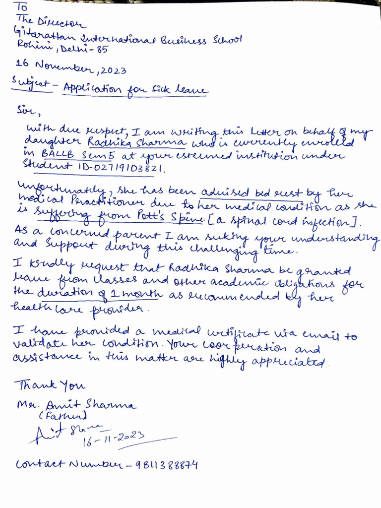 Radhika Sharma Medical Leave Certificate (Ba LLB Sem 5) | PDF
