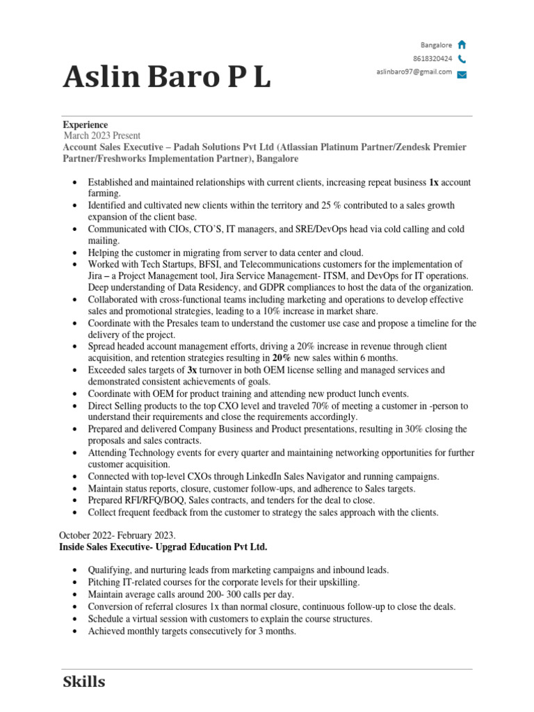 Aslin Baro P L B2B BDR Resume | PDF | Sales | Business Economics