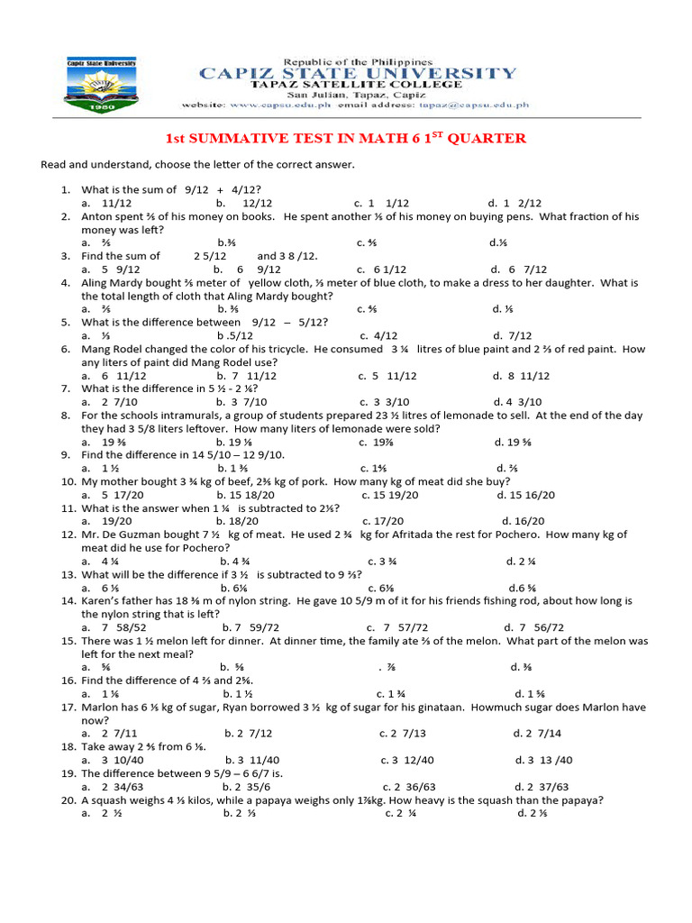 1st Summative Test in Math 6 1st Quarter | PDF | Litre