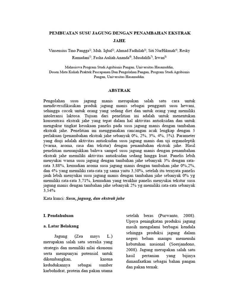 Praktikum Pembuatan Susu Jagung Manis Dengan Ekstarksi Jahe | PDF
