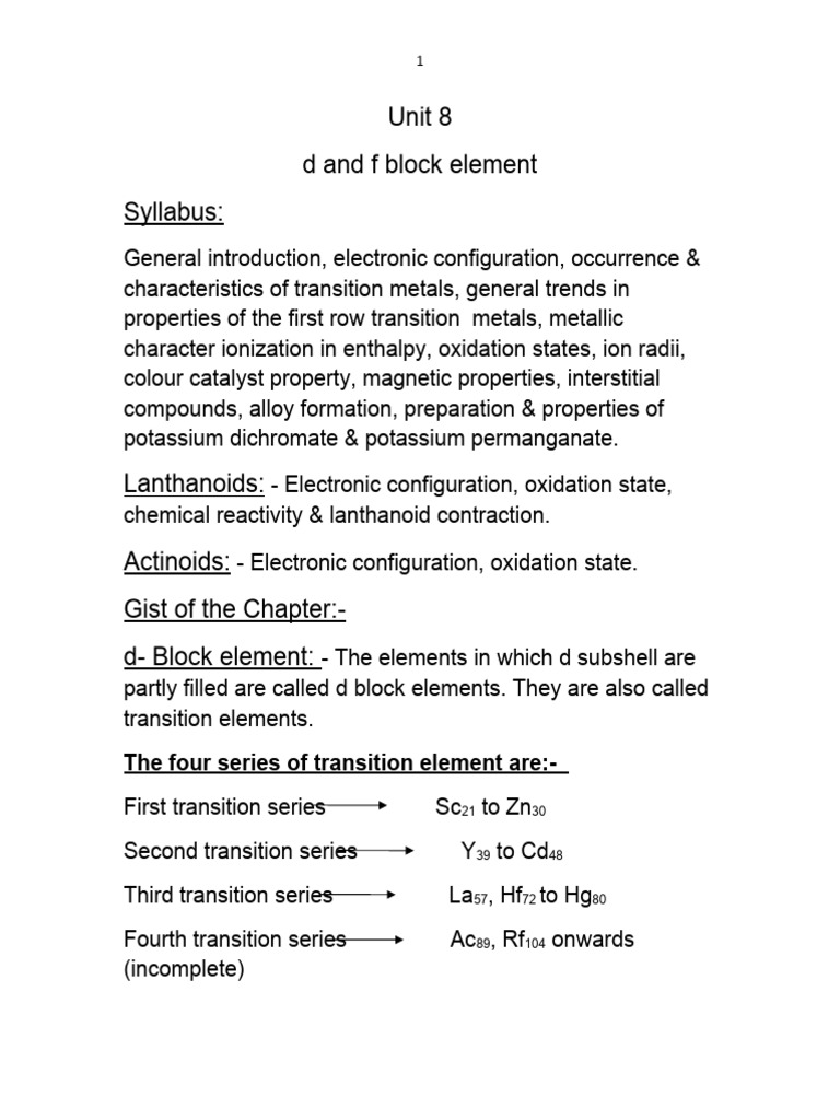 D & F Block Element (Unit Viii) | PDF | Transition Metals | Lanthanide