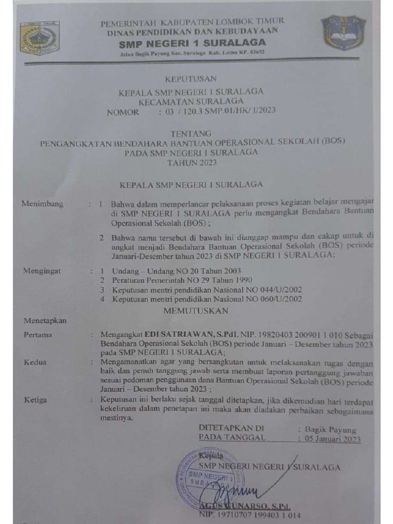 SK Bendahara SMPN 1 Suralaga | PDF