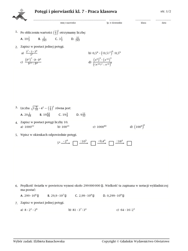 Praca Klasowa Kl. 7 - Potegi I Pierwiastki | PDF