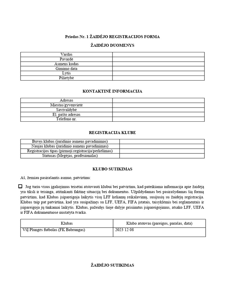 Priedas Nr. 1 Futbolo Žaidėjų Registracijos Forma | PDF