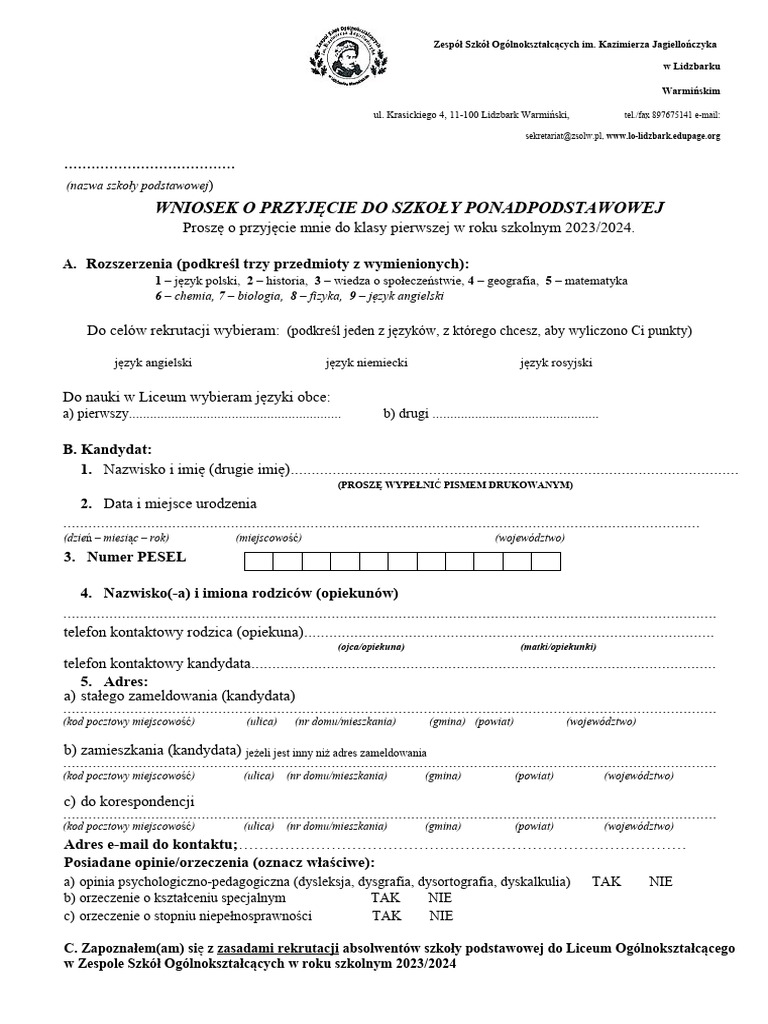 Wniosek o Przyjecie Do Szkoly 2023 2024 | PDF Wniosek o Przyjecie Do Szkoly 2023 2024 | PDF